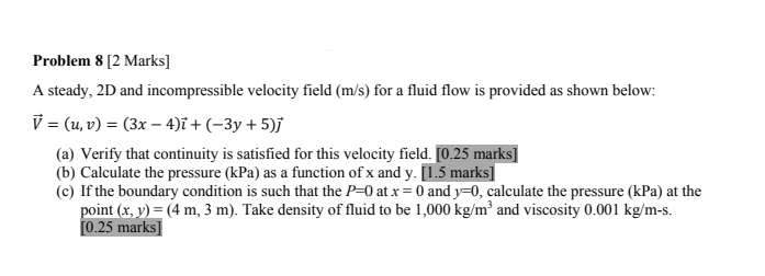 Solved Problem]A steady, 2D and incompressible velocity | Chegg.com