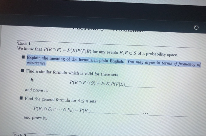 Solved Task 1 We know that P(En F) = P(E)P(FE) for any | Chegg.com