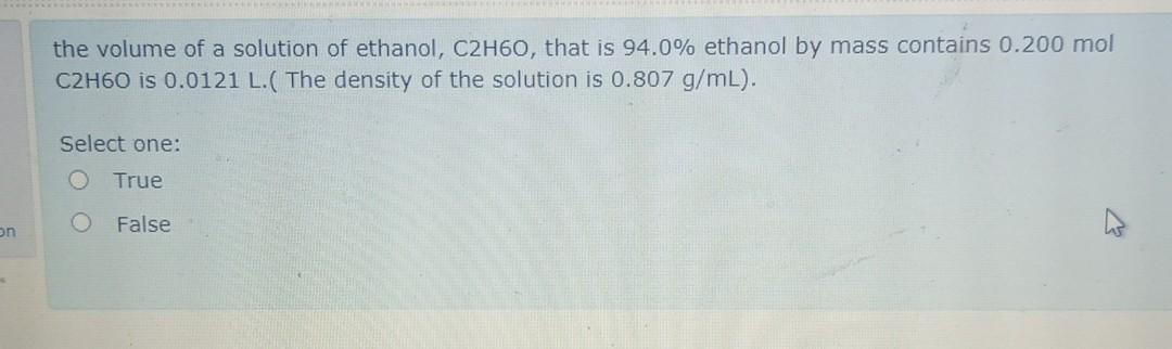 Solved the volume of a solution of ethanol, C2H60, that is | Chegg.com