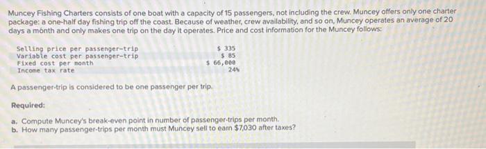Solved Muncey Fishing Charters consists of one boat with a | Chegg.com