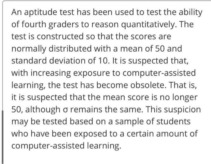 Solved An aptitude test has been used to test the ability of | Chegg.com