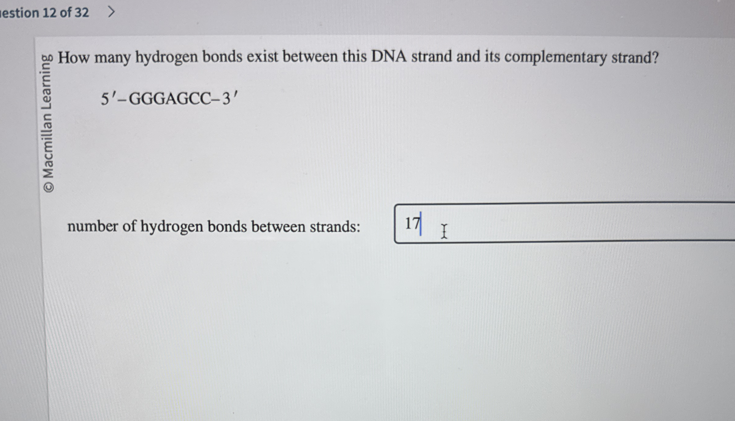 Solved estion 12 ﻿of 32How many hydrogen bonds exist between | Chegg.com