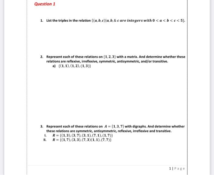 Solved 1. List the triples in the relation {(a,b,c)∣a,b, \& | Chegg.com