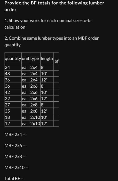 Solved Provide the BF totals for the following lumber order | Chegg.com