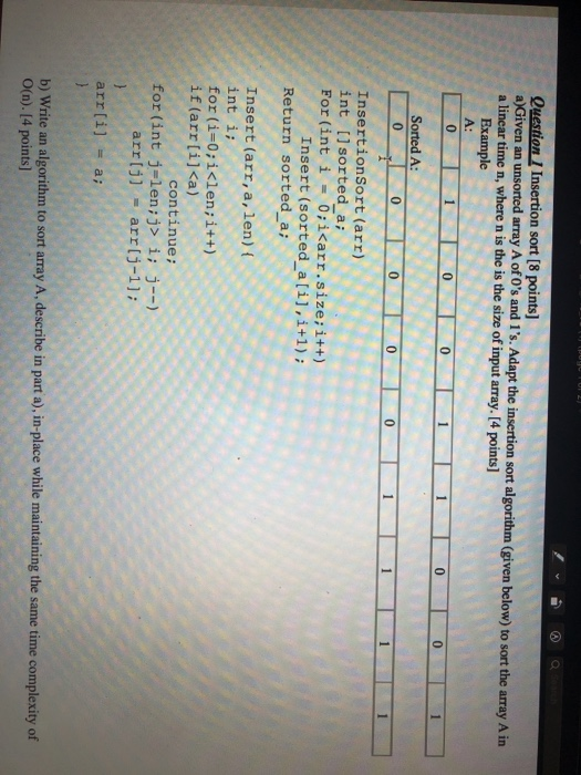 Solved Ul 2 Question 1 Insertion sort [8 points] a)Given an | Chegg.com
