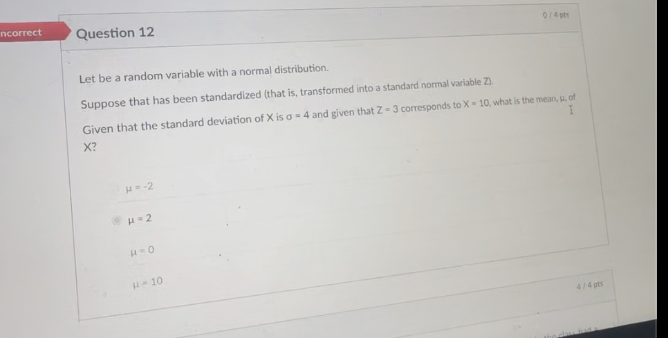 04 ﻿ptsncorrectQuestion 12Let be a random variable | Chegg.com