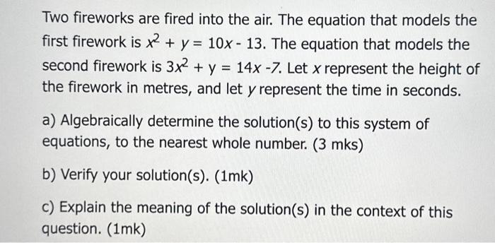 Solved Two fireworks are fired into the air. The equation | Chegg.com