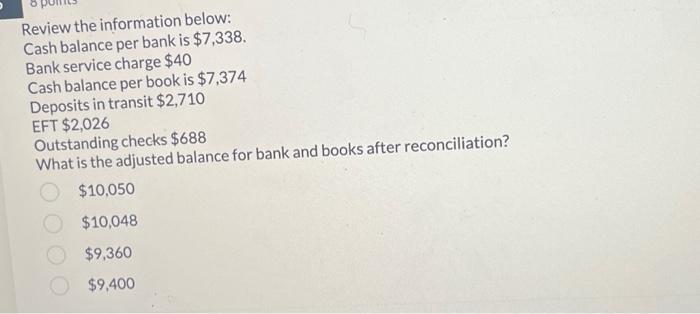 Solved Review the information below: Cash balance per bank | Chegg.com