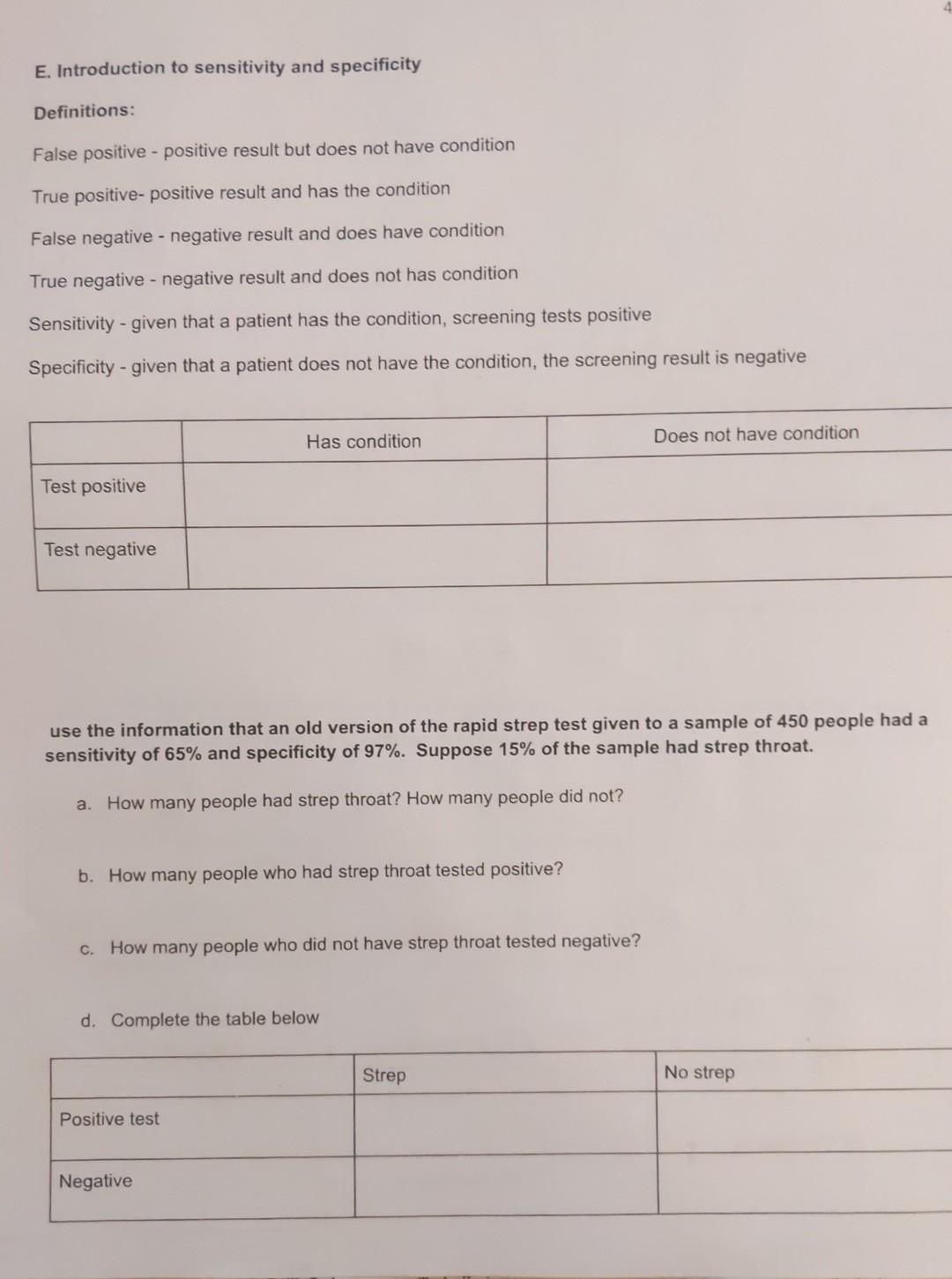 Solved E. Introduction to sensitivity and specificity | Chegg.com