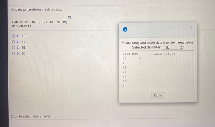 Solved Find the percentile for the data value, Data set: 51 | Chegg.com