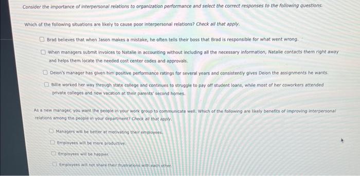 Solved onsider the importance of interpersonal relations to | Chegg.com