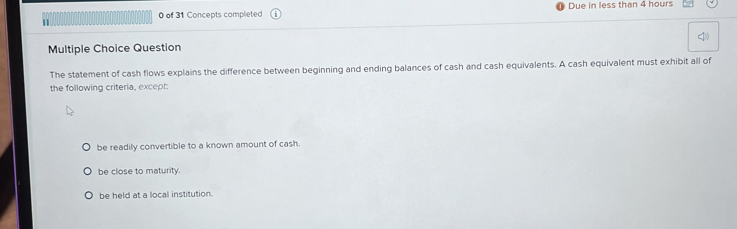 Solved 0 ﻿of 31 ﻿Concepts completedDue in less than 4 | Chegg.com