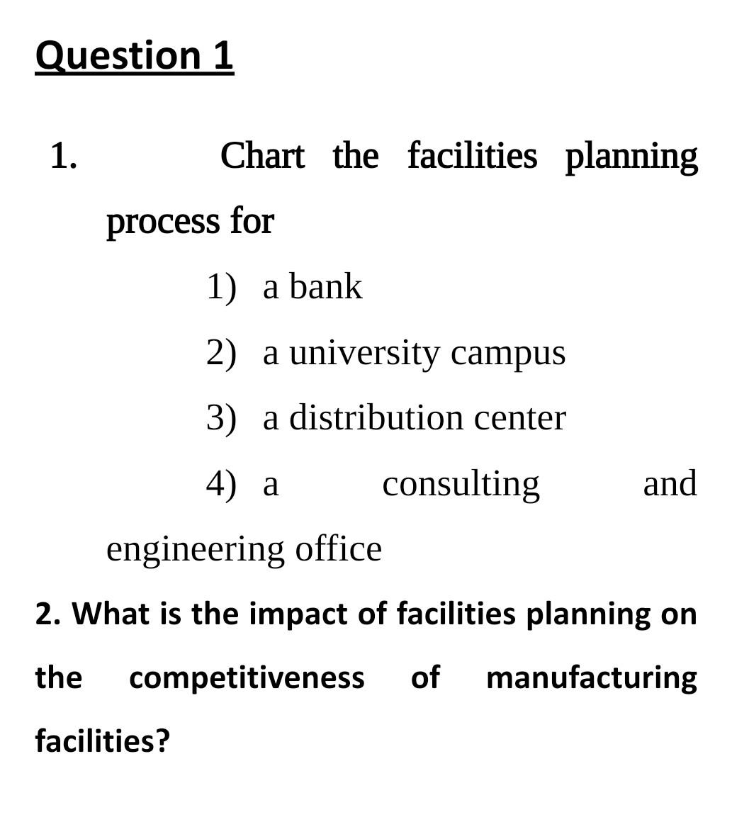 Solved 1. Chart the facilities planning process for 1) a | Chegg.com