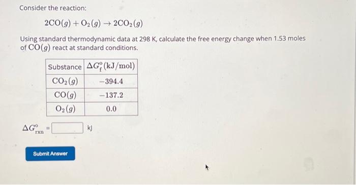 Consider the reaction: 2CO(g)+O2(g)→2CO2(g) Using | Chegg.com