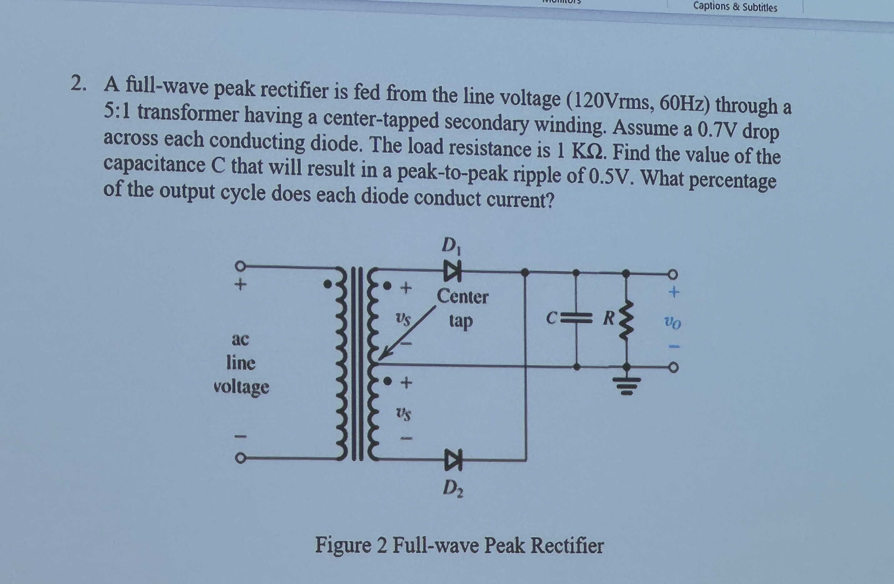 Solved A full-wave peak rectifier is fed from the line | Chegg.com