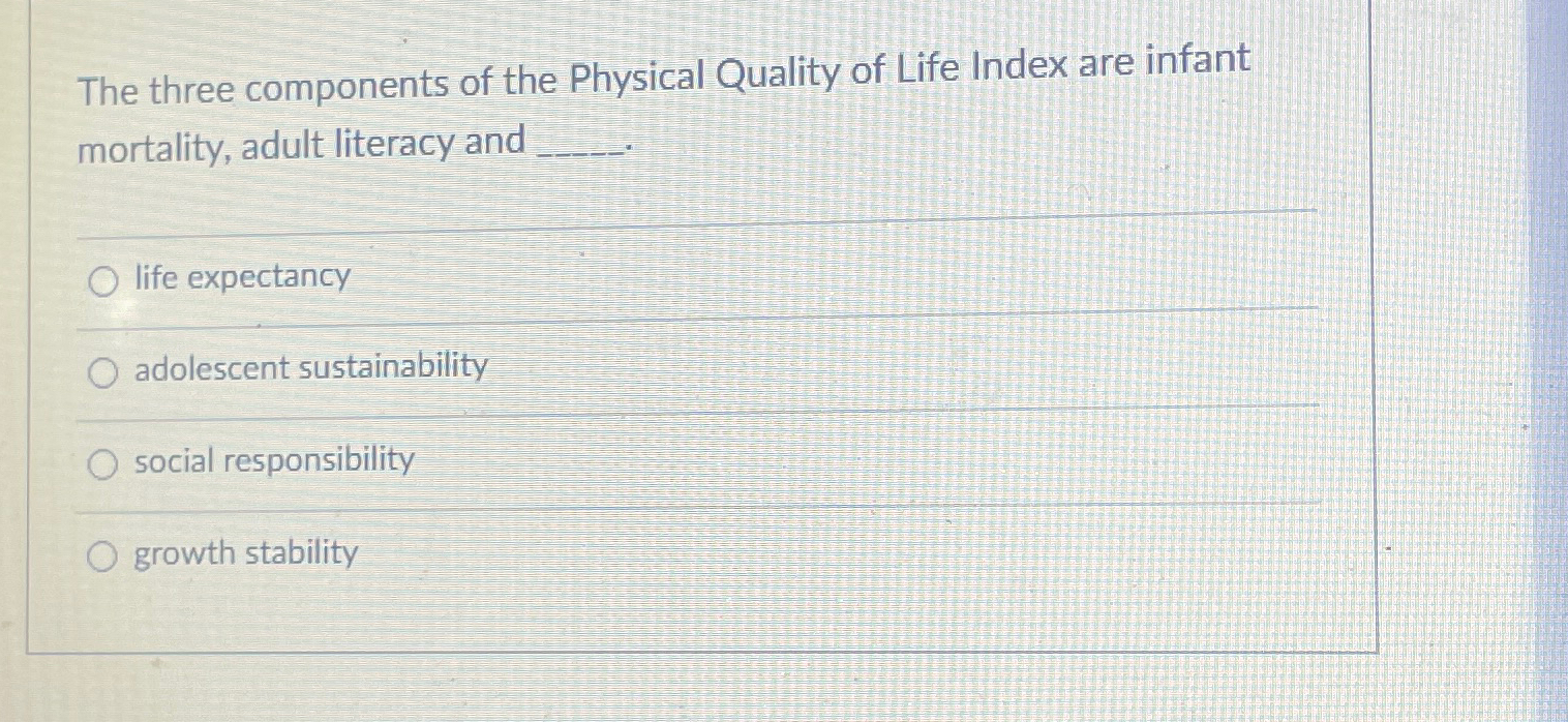 Solved The three components of the Physical Quality of Life | Chegg.com
