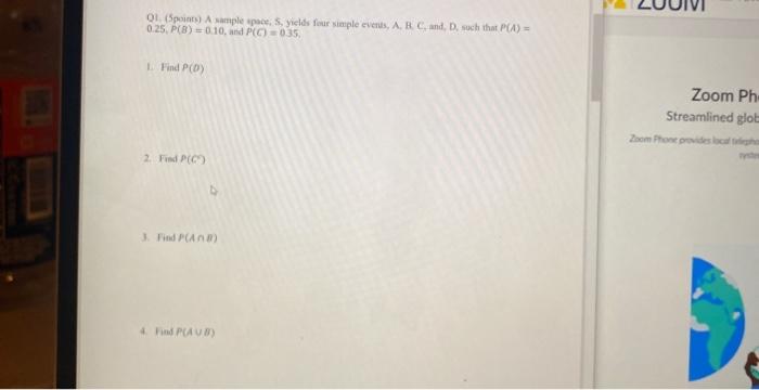 Solved 01. (Spoints) A sample space, S. yields four simple | Chegg.com