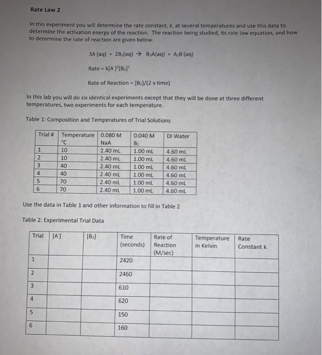 Rate Law 2 In this experiment you will determine the | Chegg.com