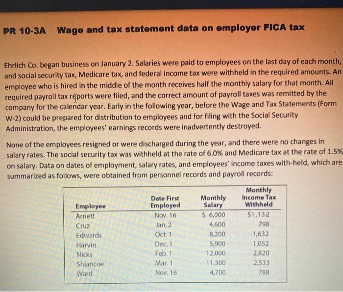 Solved PR 10-3A Wage and tax statement data on employer FICA | Chegg.com