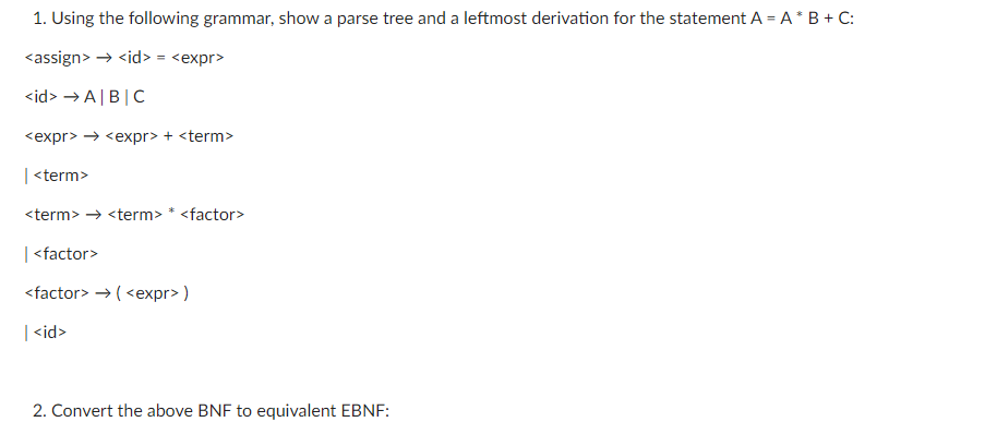 Using the following grammar, show a parse tree and a | Chegg.com