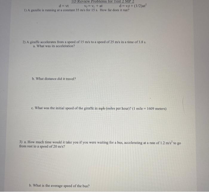 Solved ID Review Problems for Test 2 MP2 dvt Ve Viat d = vt+ | Chegg.com