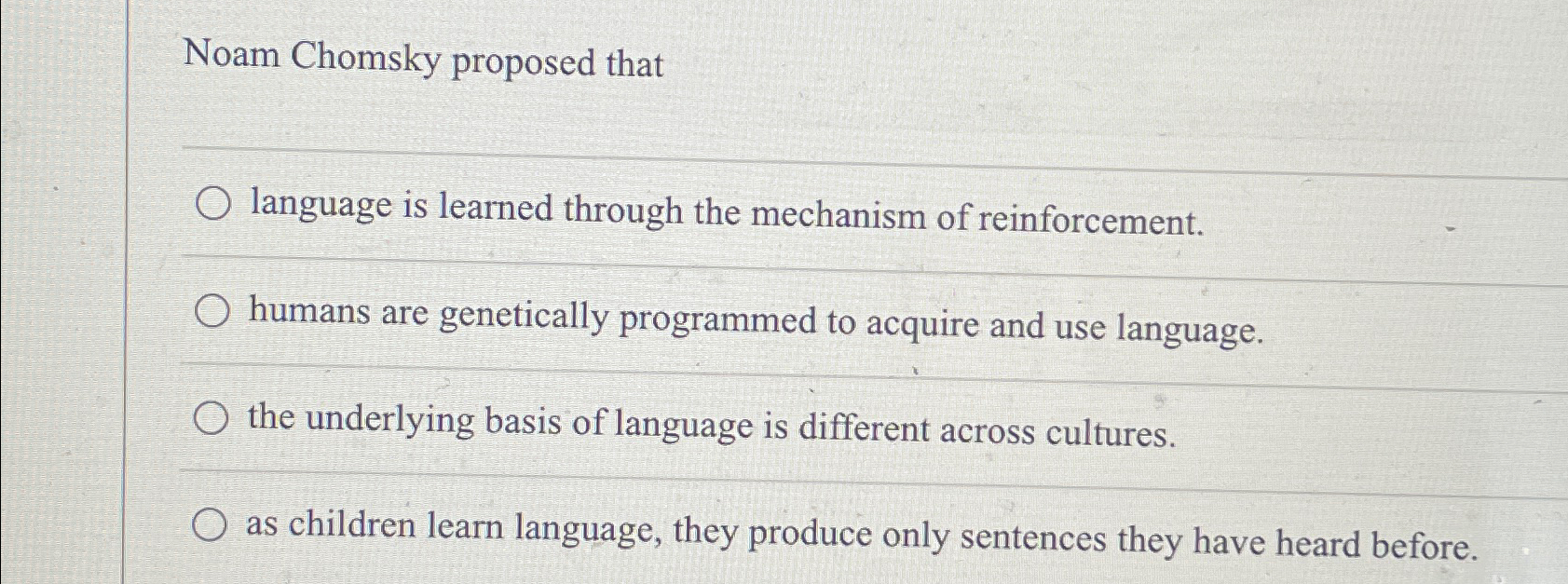 Solved Noam Chomsky proposed thatlanguage is learned through | Chegg.com