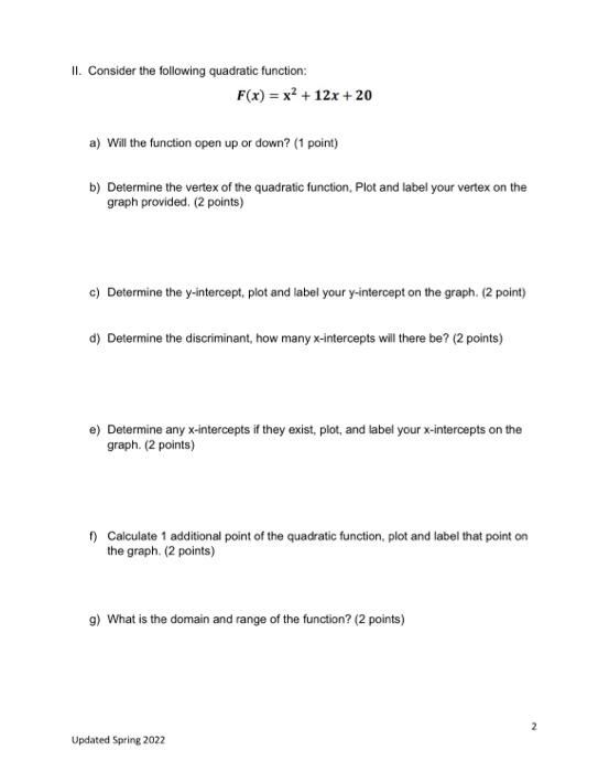 Solved II. Consider the following quadratic function: | Chegg.com