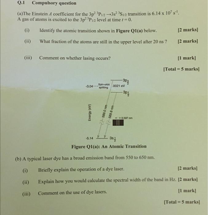 Solved Q1 Compulsory Question Athe Einstein A Coefficient 0011