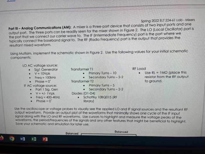 Solved Spring 2022 ELT 224-61 Lab-Mixers Part III-Analog | Chegg.com
