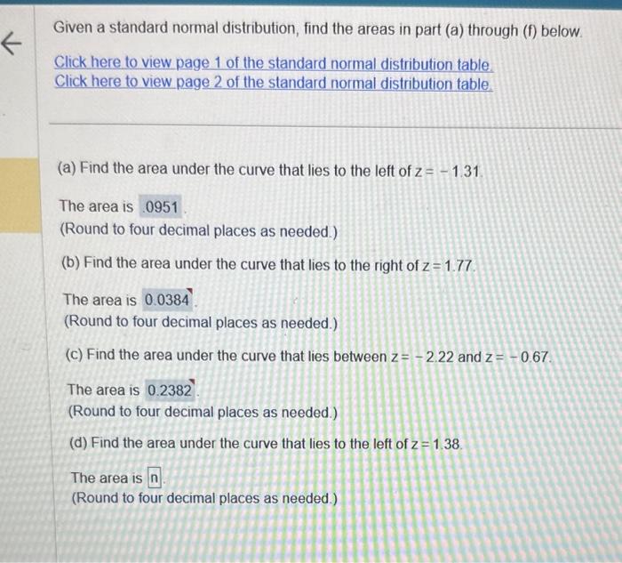 Solved Given a standard normal distribution, find the areas | Chegg.com