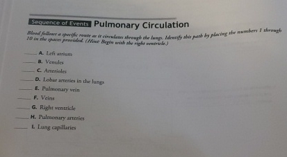 Solved Sequence of Events Pulmonary CirculationA. ﻿Lefi | Chegg.com