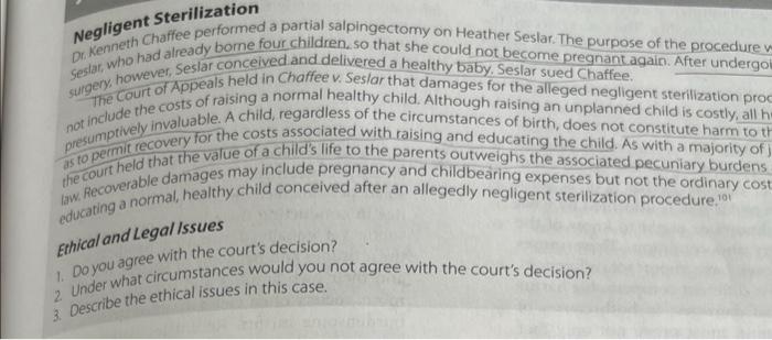 Solved Negligent Sterilization Dr Kenneth Chaffee performed | Chegg.com