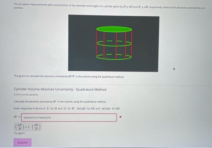 H: Cylinder Volume Uncertainties - Quadrature | Chegg.com