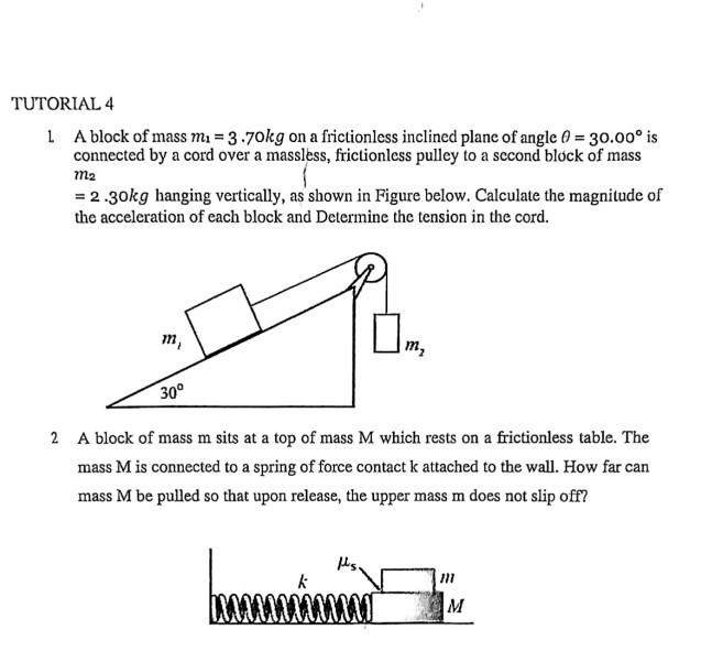 Solved 1. A block of mass m1=3.70 kg on a frictionless | Chegg.com