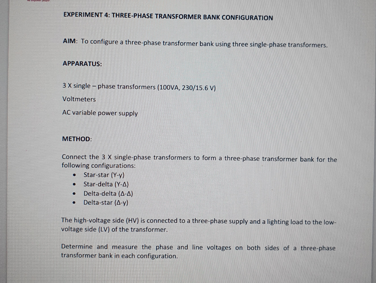 Solved EXPERIMENT 4: THREE-PHASE TRANSFORMER BANK | Chegg.com