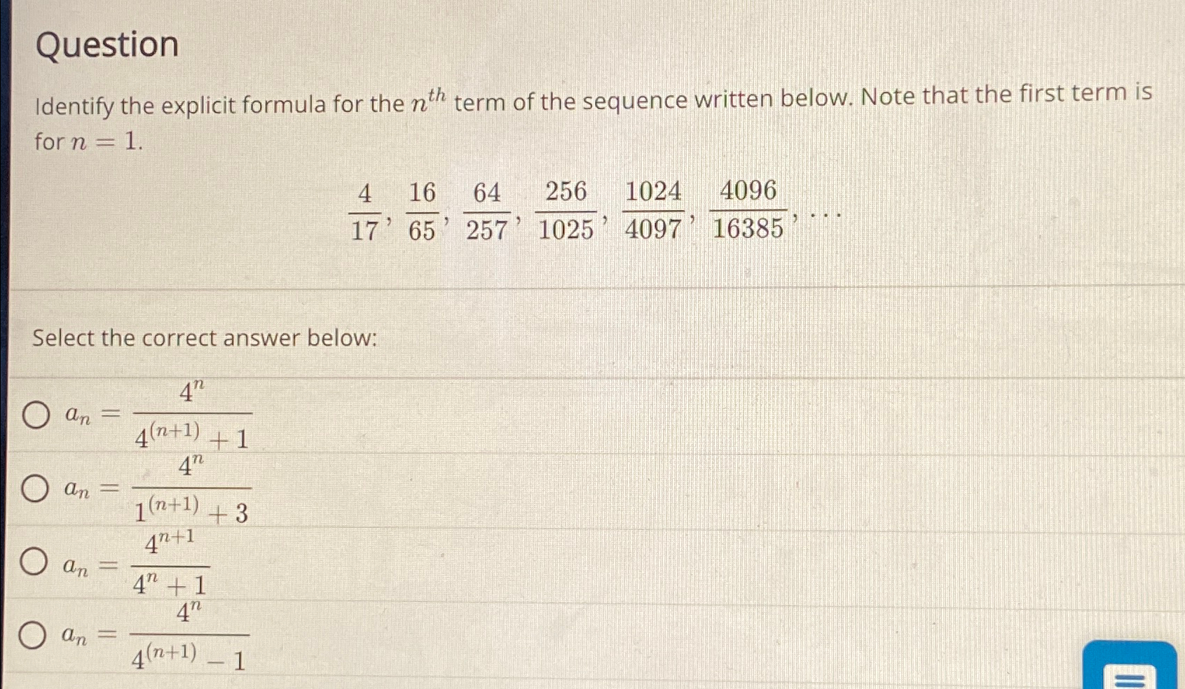 Solved QuestionIdentify the explicit formula for the nth | Chegg.com