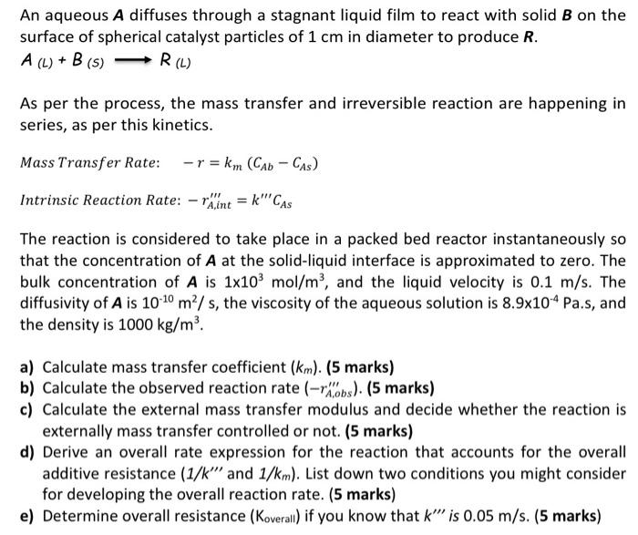 Solved An aqueous A diffuses through a stagnant liquid film | Chegg.com