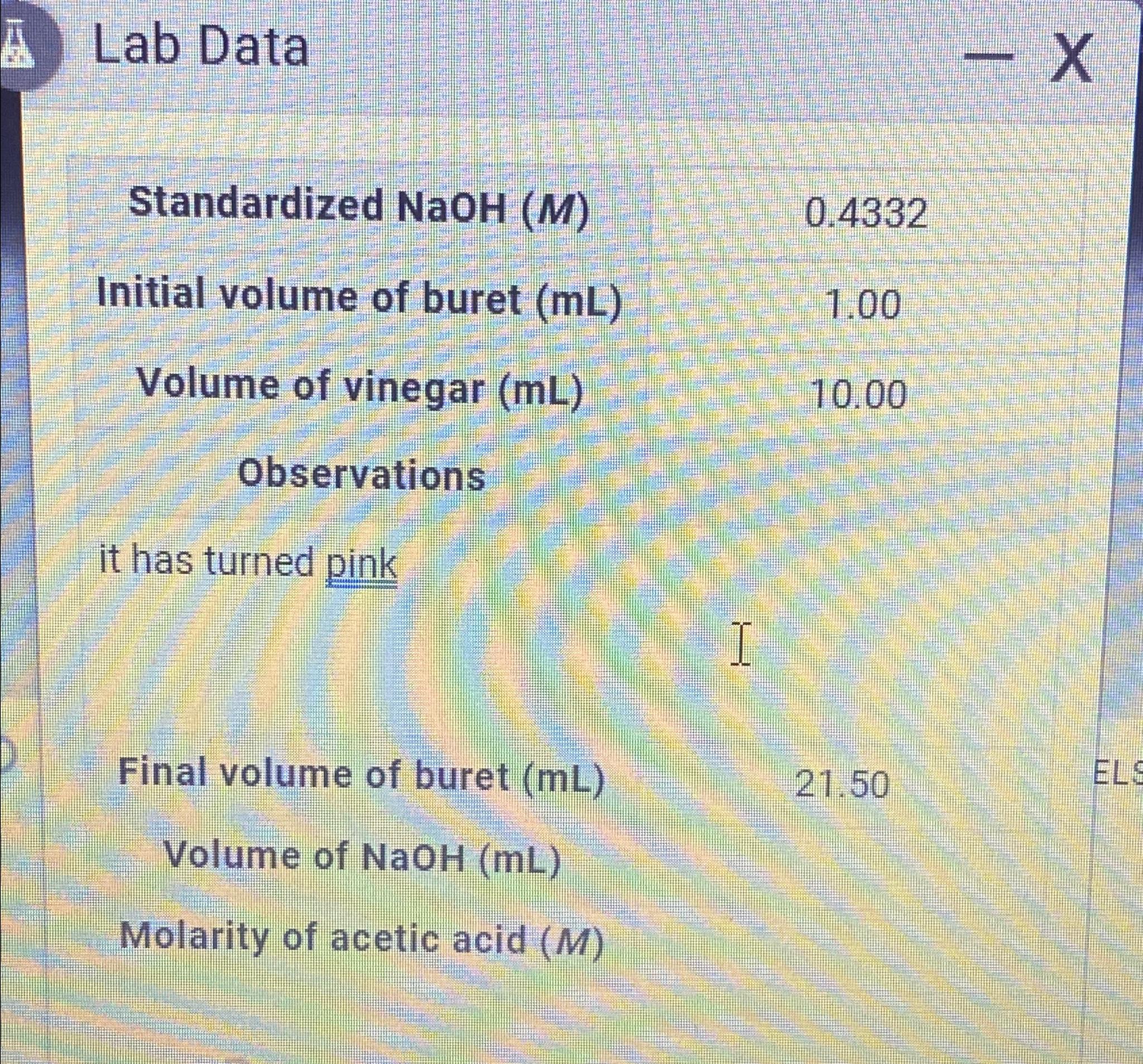 Solved Lab Data\table[[Standardized NaOH(M),0.4332],[Initial | Chegg.com