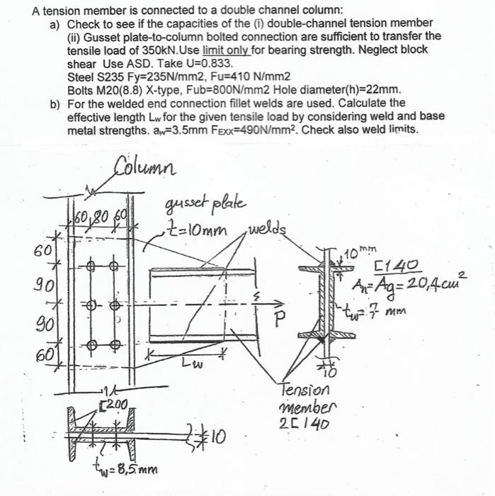 Solved A tension member is connected to a double channel | Chegg.com