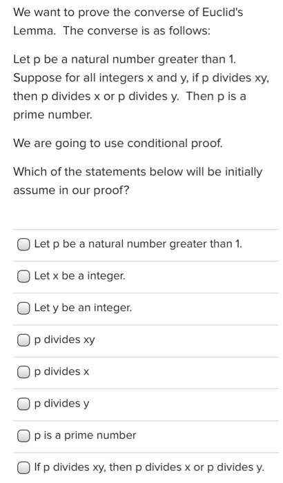 Solved Euclid's Lemma states: If p is a prime number then | Chegg.com