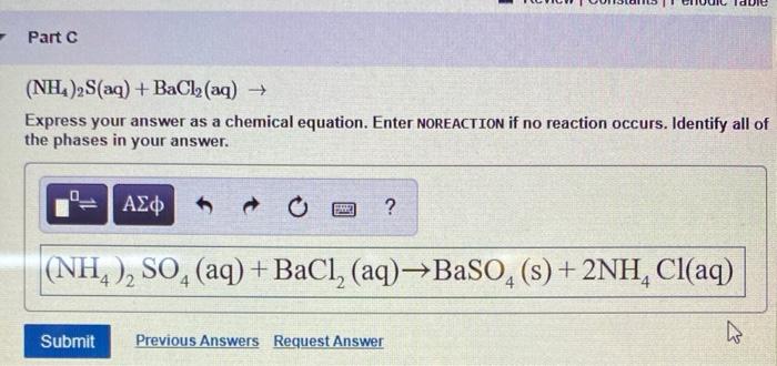Solved Part (NH4)2S(aq) + BaCl2(aq) → Express your answer as | Chegg.com