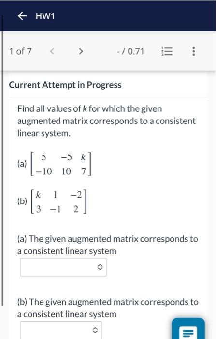 Solved Find all values of k for which the given augmented | Chegg.com