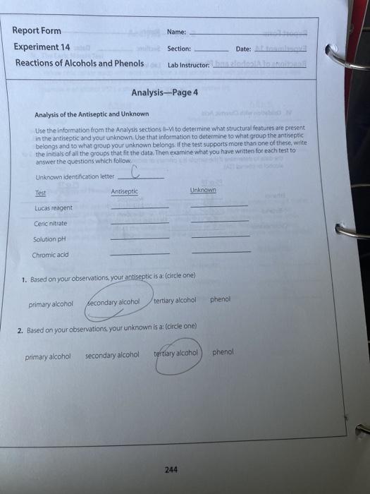 Solved Name Report Form Experiment 14 Reactions Of Alcohols