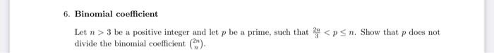 Solved 6. Binomial coefficient Let n>3 be a positive integer | Chegg.com