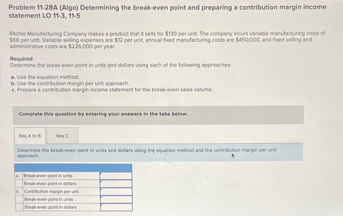 Solved Problem 11-28A (Algo) Determining the break-even | Chegg.com