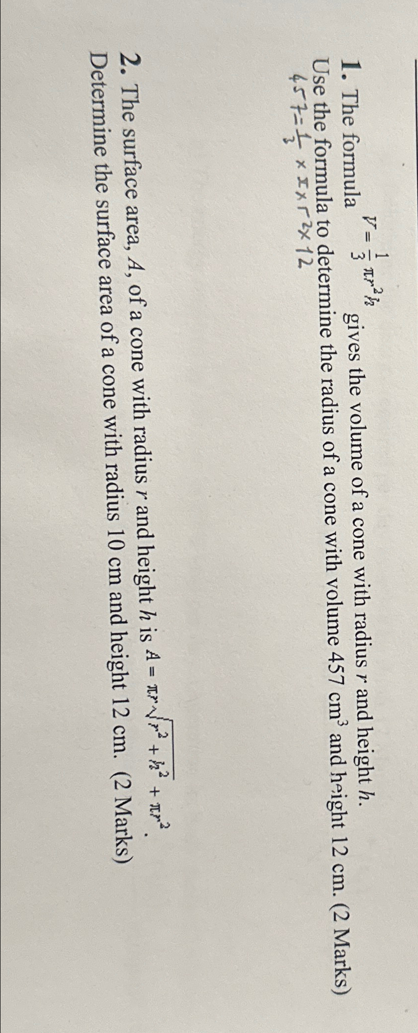 Solved The formula ?V=13πr2h ﻿gives the volume of a cone | Chegg.com