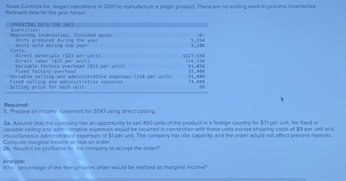 Solved Texas Controls Inc. began operations in 20X1 to | Chegg.com