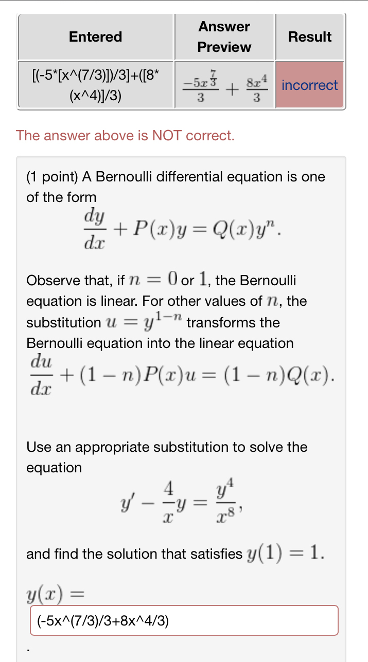 Solved (1 ﻿point) ﻿A Bernoulli differential equation is | Chegg.com