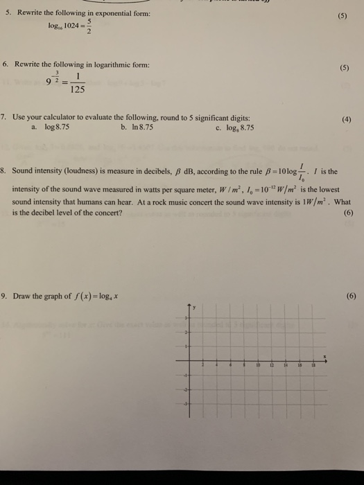 Solved 5. Rewrite the following in exponential form: log, | Chegg.com