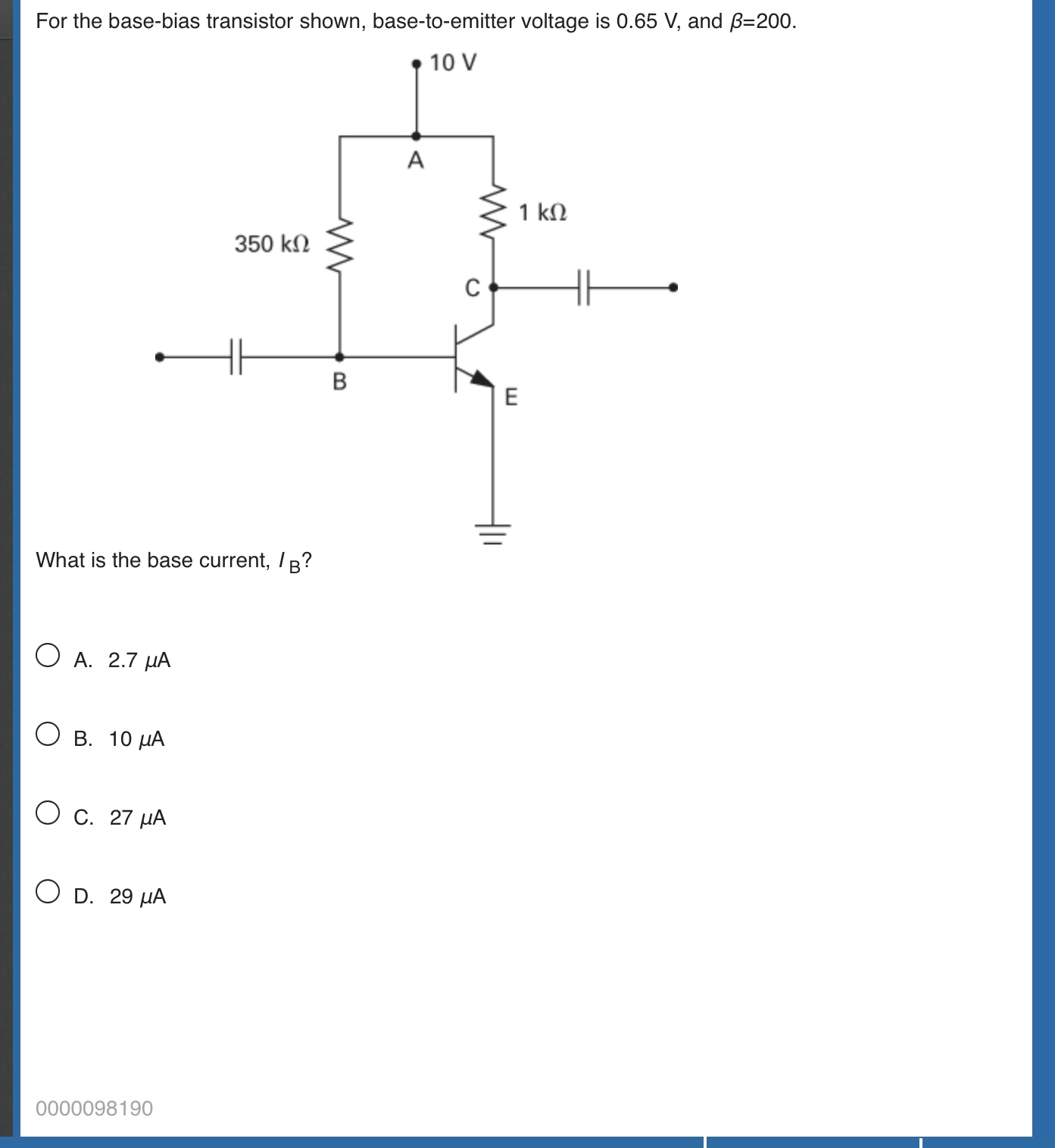 Solved For the base-bias transistor shown, base-to-emitter | Chegg.com
